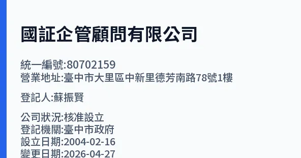 國証企管顧問有限公司的照片-統編 80702159(臺中市) 公司登記資料與營業項目詳細圖表