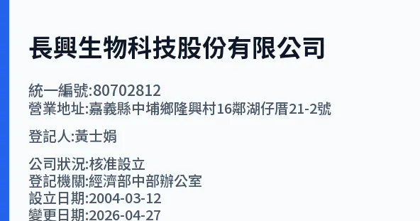 長興生物科技股份有限公司的照片-統編 80702812(嘉義縣) 公司登記資料與營業項目詳細圖表