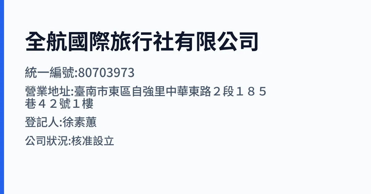 全航國際旅行社有限公司 - 統編 80703973(臺南市) 公司登記資料與營業項目詳細圖表
