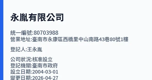 永胤有限公司的照片-統編 80703988(臺南市) 公司登記資料與營業項目詳細圖表