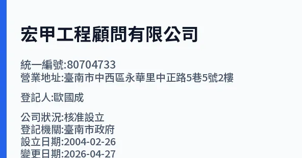 宏甲工程顧問有限公司的照片-統編 80704733(臺南市) 公司登記資料與營業項目詳細圖表