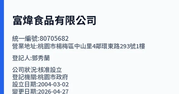 富煒食品有限公司的照片-統編 80705682(桃園市) 公司登記資料與營業項目詳細圖表