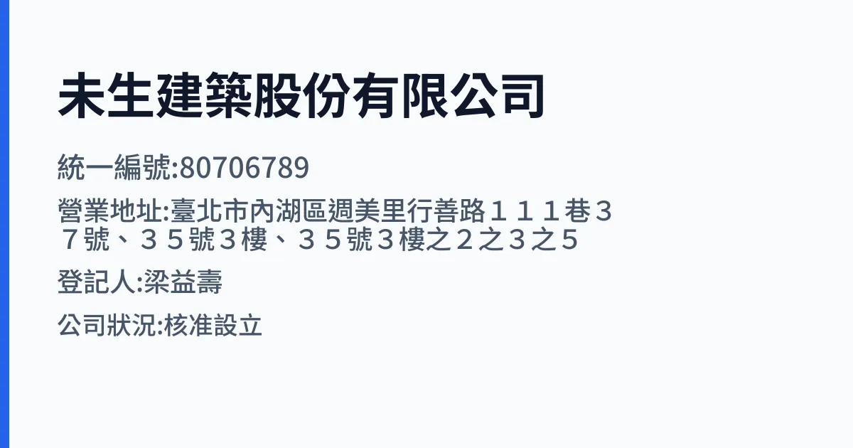 未生建築股份有限公司 - 統編 80706789(臺北市) 公司登記資料與營業項目詳細圖表