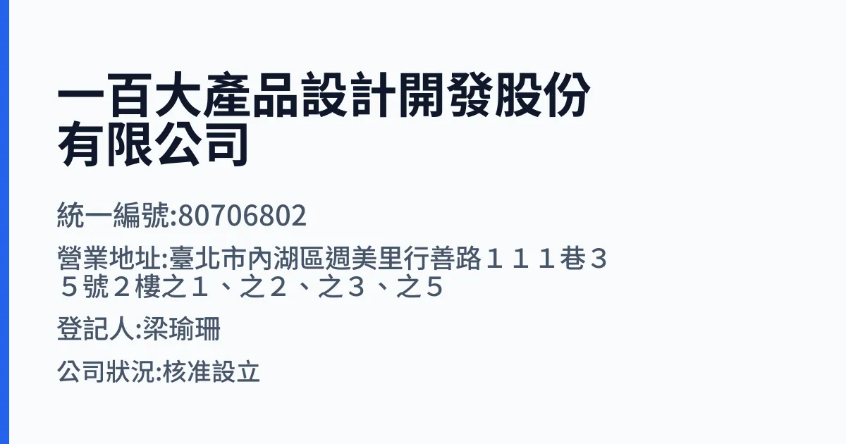 一百大產品設計開發股份有限公司 - 統編 80706802(臺北市) 公司登記資料與營業項目詳細圖表
