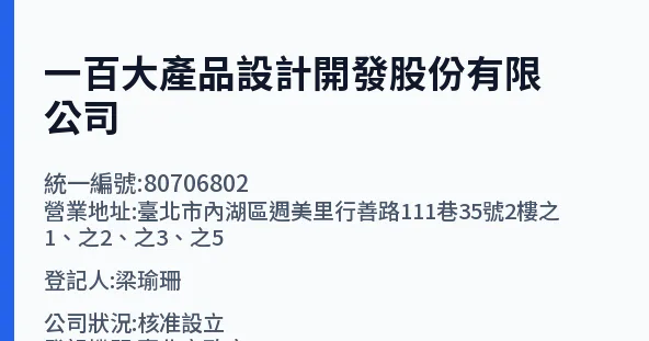 一百大產品設計開發股份有限公司的照片-統編 80706802(臺北市) 公司登記資料與營業項目詳細圖表
