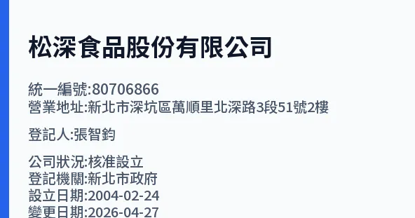 松深食品股份有限公司的照片-統編 80706866(新北市) 公司登記資料與營業項目詳細圖表