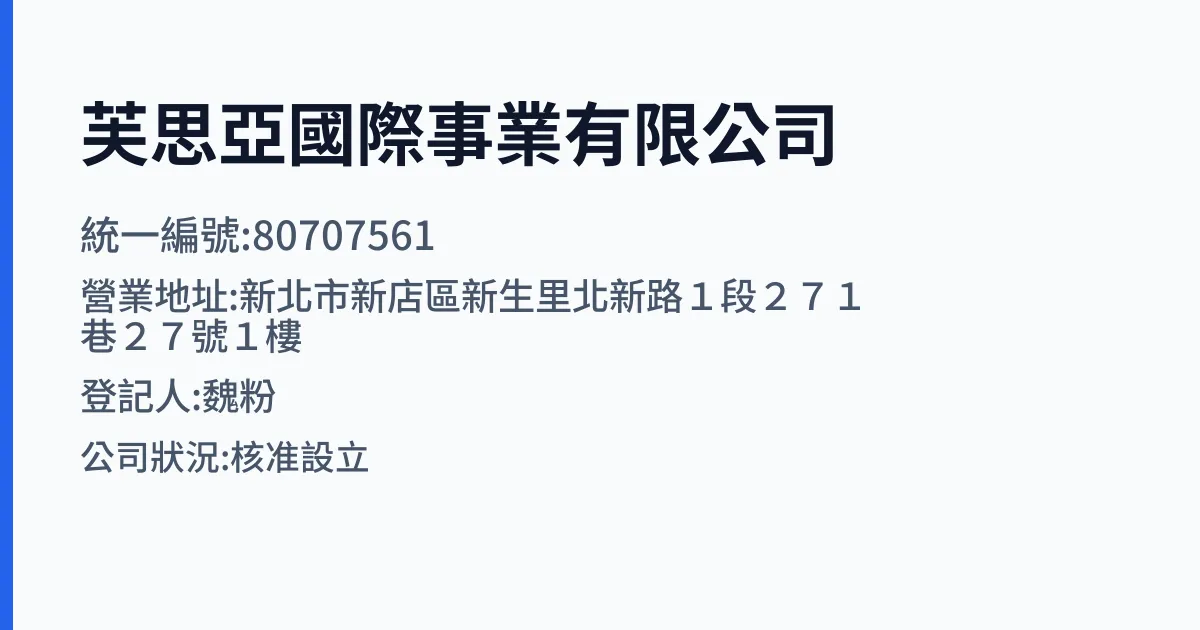 芙思亞國際事業有限公司 - 統編 80707561(新北市) 公司登記資料與營業項目詳細圖表