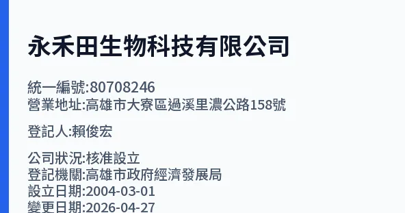 永禾田生物科技有限公司的照片-統編 80708246(高雄市) 公司登記資料與營業項目詳細圖表
