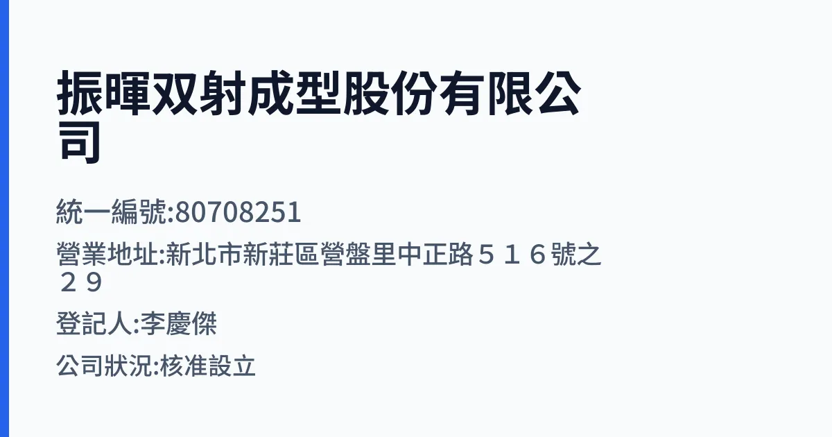 振暉双射成型股份有限公司 - 統編 80708251(新北市) 公司登記資料與營業項目詳細圖表