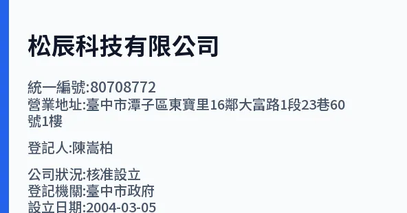 松辰科技有限公司的照片-統編 80708772(臺中市) 公司登記資料與營業項目詳細圖表