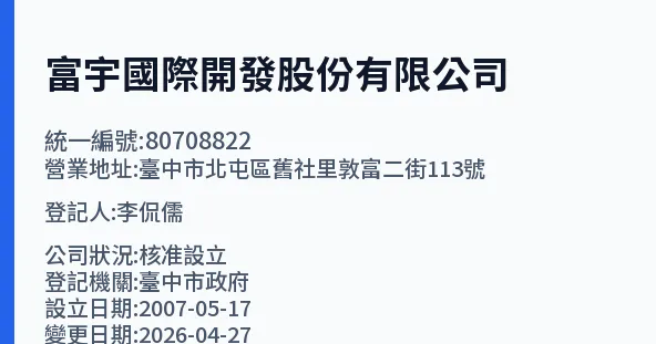 富宇國際開發股份有限公司的照片-統編 80708822(臺中市) 公司登記資料與營業項目詳細圖表