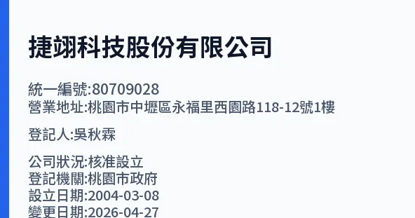 捷翊科技股份有限公司的照片-統編 80709028(桃園市) 公司登記資料與營業項目詳細圖表