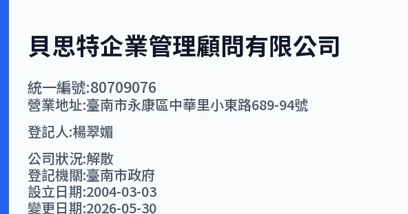 貝思特企業管理顧問有限公司的照片-統編 80709076(臺南市) 公司登記資料與營業項目詳細圖表