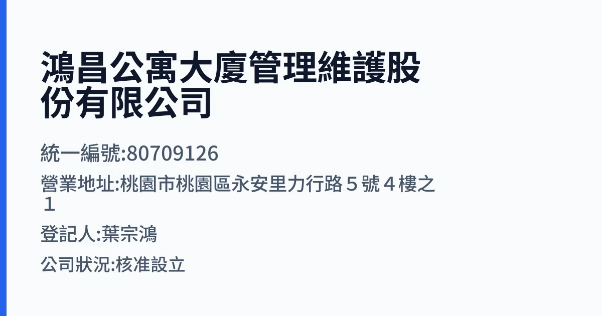 鴻昌公寓大廈管理維護股份有限公司 - 統編 80709126（桃園市） 公司登記資料與營業項目詳細圖表