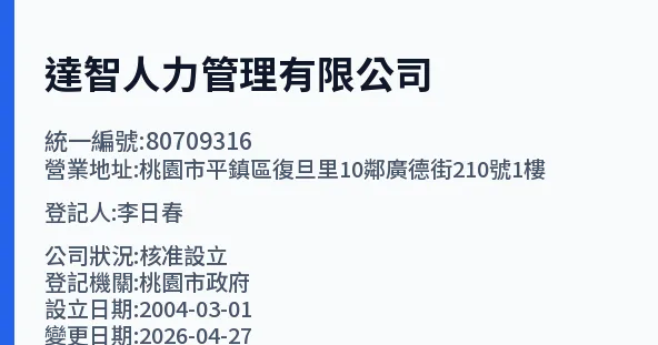 達智人力管理有限公司的照片-統編 80709316(桃園市) 公司登記資料與營業項目詳細圖表