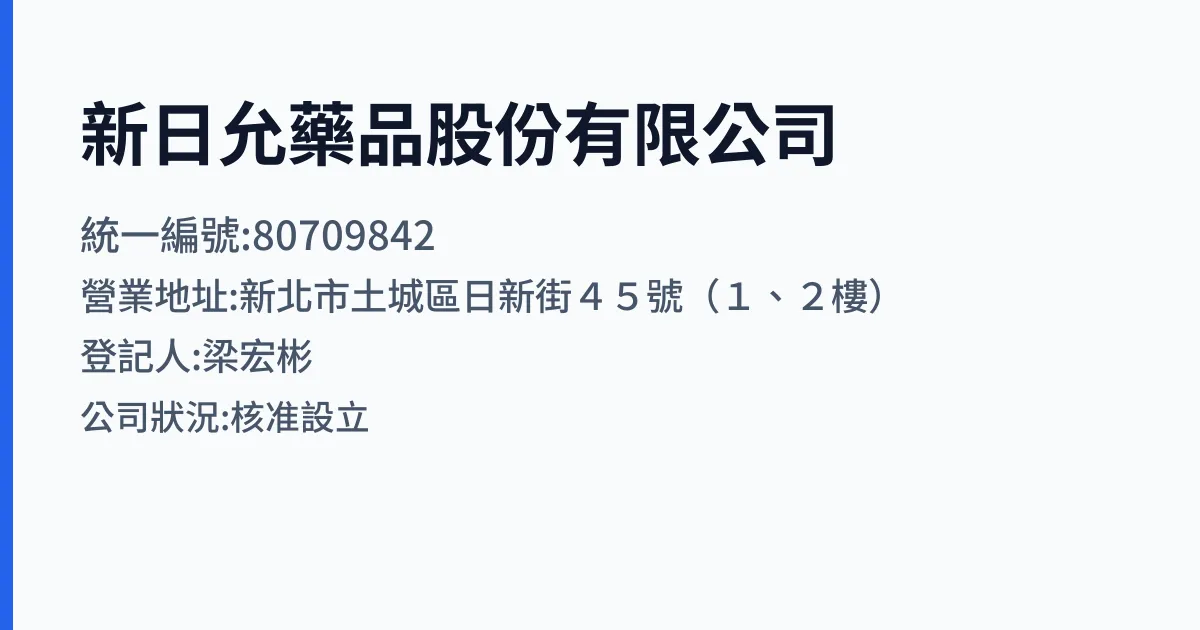 新日允藥品股份有限公司 - 統編 80709842(新北市) 公司登記資料與營業項目詳細圖表