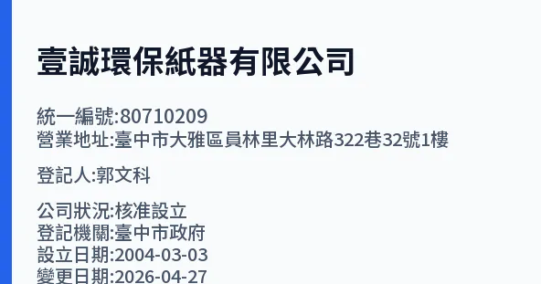 壹誠環保紙器有限公司的照片-統編 80710209(臺中市) 公司登記資料與營業項目詳細圖表