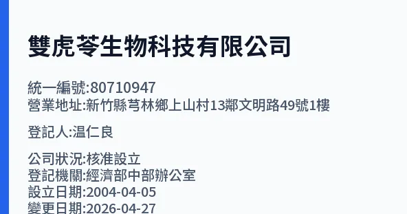 雙虎苓生物科技有限公司的照片-統編 80710947(新竹縣) 公司登記資料與營業項目詳細圖表