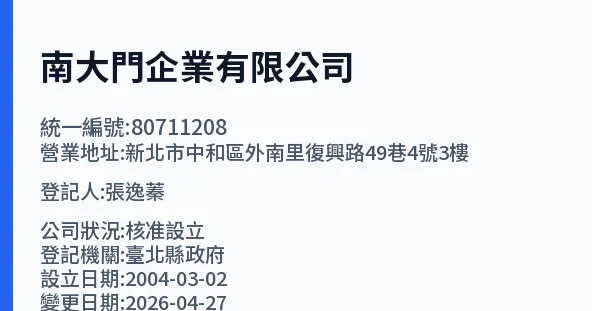 南大門企業有限公司的照片-統編 80711208(新北市) 公司登記資料與營業項目詳細圖表