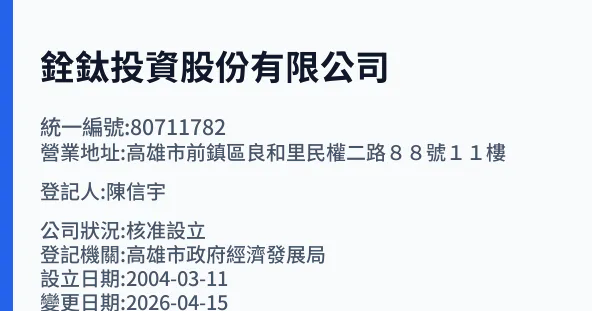 銓鈦投資股份有限公司的照片-統編 80711782(高雄市) 公司登記資料與營業項目詳細圖表