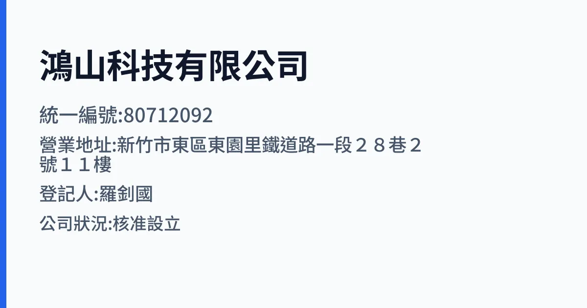 鴻山科技有限公司 - 統編 80712092(新竹市) 公司登記資料與營業項目詳細圖表