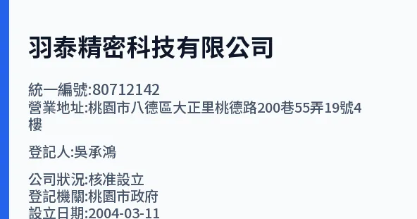羽泰精密科技有限公司的照片-統編 80712142(桃園市) 公司登記資料與營業項目詳細圖表