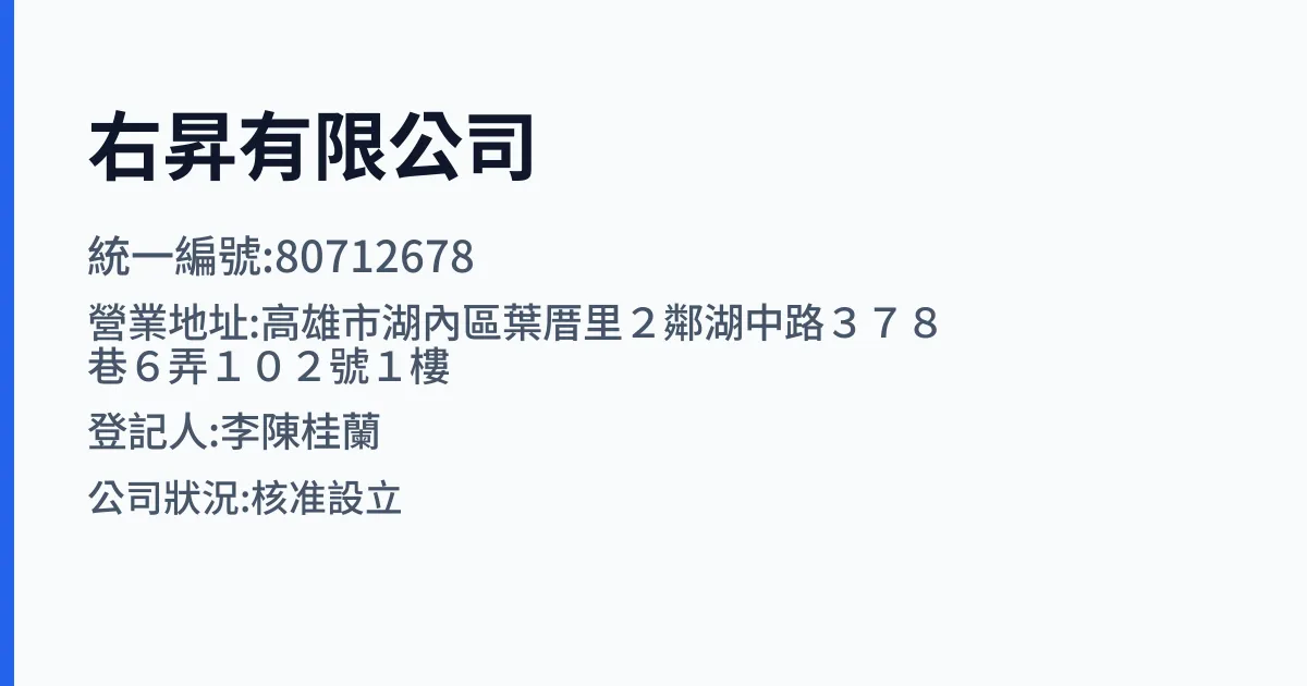 右昇有限公司 - 統編 80712678(高雄市) 公司登記資料與營業項目詳細圖表