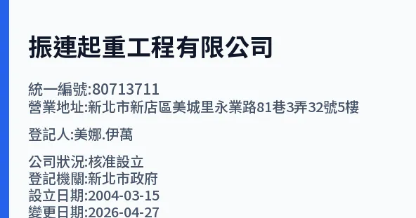 振連起重工程有限公司的照片-統編 80713711(新北市) 公司登記資料與營業項目詳細圖表