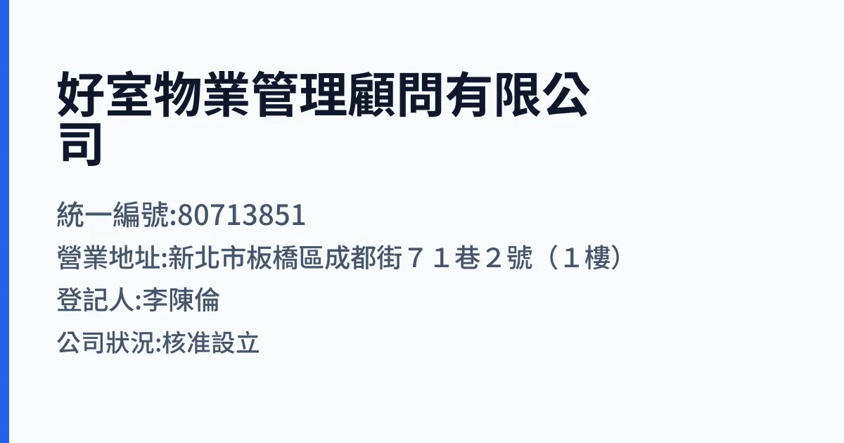 好室物業管理顧問有限公司 - 統編 80713851（新北市） 公司登記資料與營業項目詳細圖表