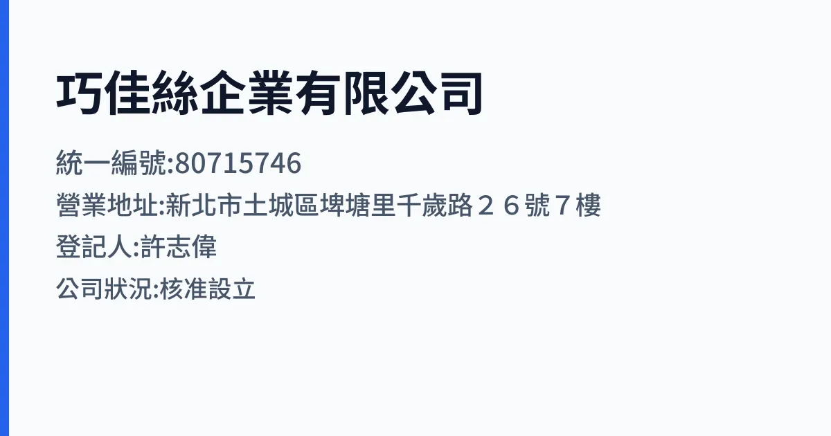 巧佳絲企業有限公司 - 統編 80715746(新北市) 公司登記資料與營業項目詳細圖表