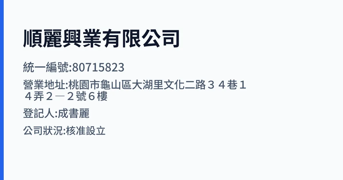順麗興業有限公司 - 統編 80715823(桃園市) 公司登記資料與營業項目詳細圖表