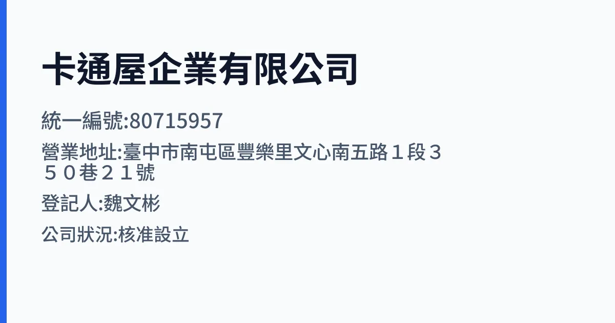 卡通屋企業有限公司 - 統編 80715957(臺中市) 公司登記資料與營業項目詳細圖表