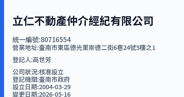立仁不動產仲介經紀有限公司的照片-統編 80716554(臺南市) 公司登記資料與營業項目詳細圖表