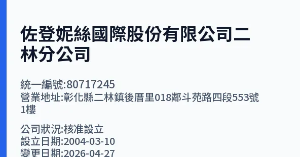 佐登妮絲國際股份有限公司二林分公司的照片-統編 80717245(彰化縣) 公司登記資料與營業項目詳細圖表