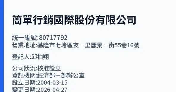 簡單行銷國際股份有限公司的照片-統編 80717792(基隆市) 公司登記資料與營業項目詳細圖表
