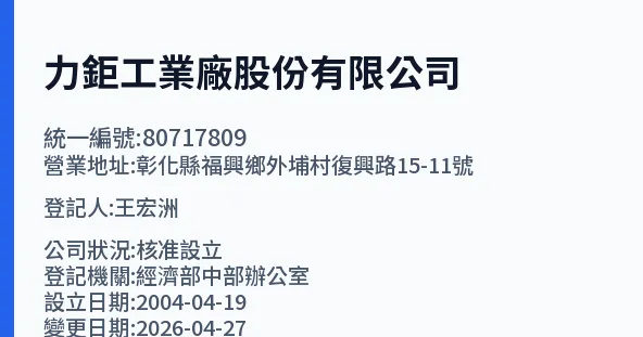 力鉅工業廠股份有限公司的照片-統編 80717809(彰化縣) 公司登記資料與營業項目詳細圖表