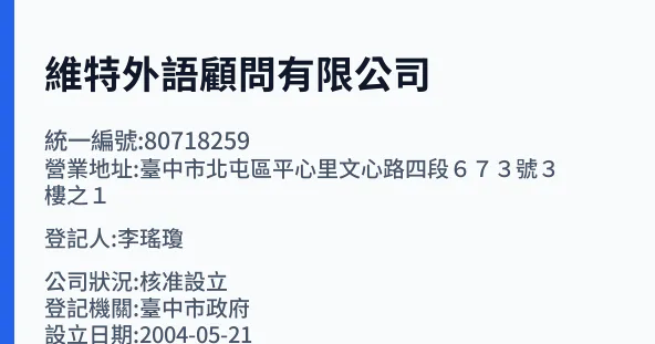 維特外語顧問有限公司的照片-統編 80718259(臺中市) 公司登記資料與營業項目詳細圖表