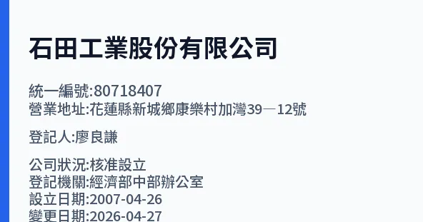 石田工業股份有限公司的照片-統編 80718407(花蓮縣) 公司登記資料與營業項目詳細圖表