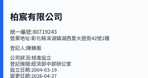 柏宸有限公司的照片-統編 80719243(彰化縣) 公司登記資料與營業項目詳細圖表