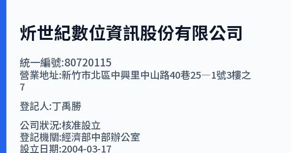 炘世紀數位資訊股份有限公司的照片-統編 80720115(新竹市) 公司登記資料與營業項目詳細圖表