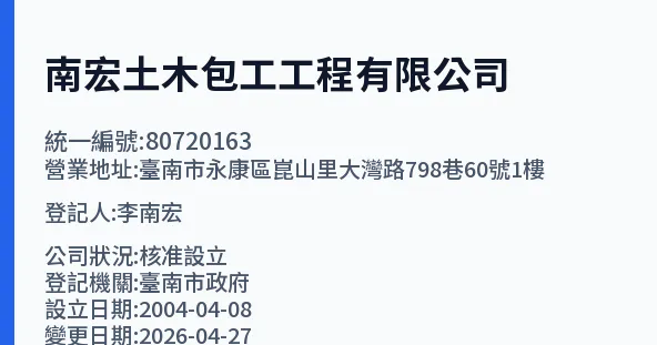 南宏土木包工工程有限公司的照片-統編 80720163(臺南市) 公司登記資料與營業項目詳細圖表