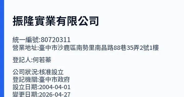 振隆實業有限公司的照片-統編 80720311(臺中市) 公司登記資料與營業項目詳細圖表