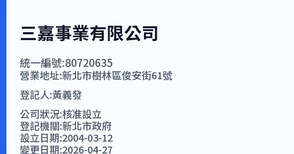 三嘉事業有限公司的照片-統編 80720635(新北市) 公司登記資料與營業項目詳細圖表