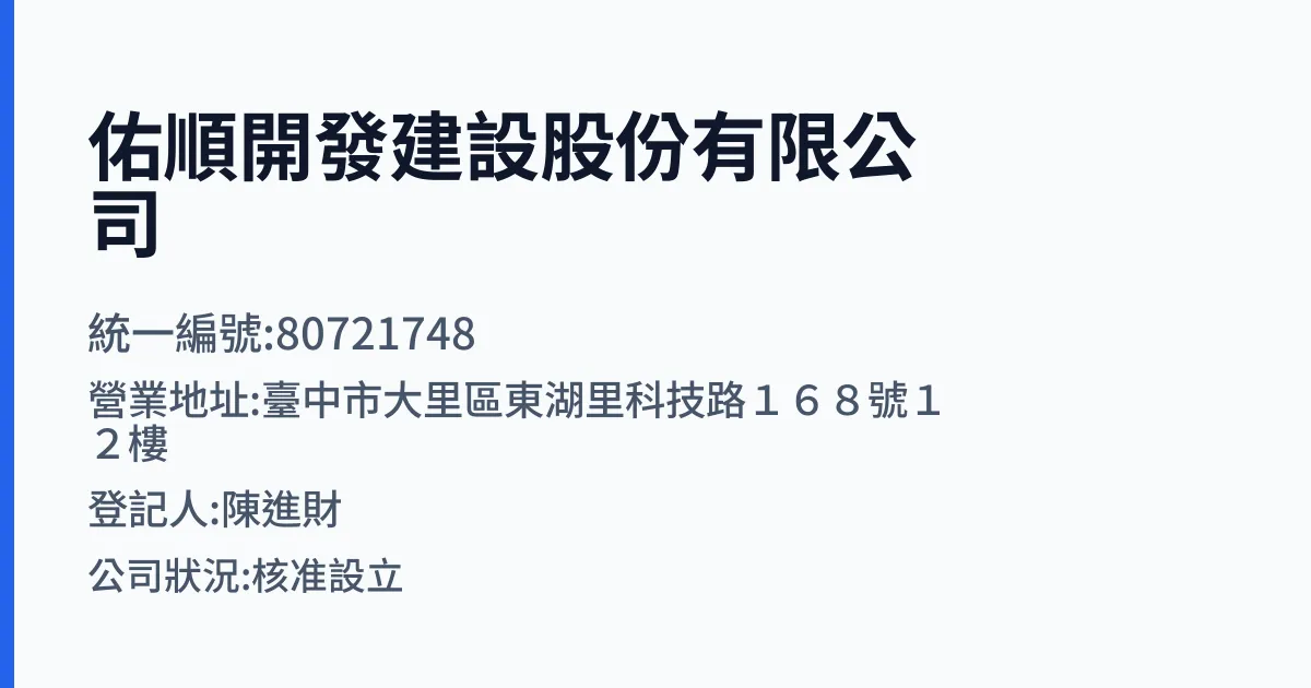 佑順開發建設股份有限公司 - 統編 80721748(臺中市) 公司登記資料與營業項目詳細圖表