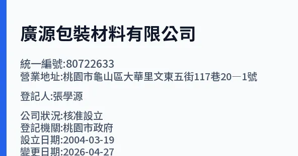 廣源包裝材料有限公司的照片-統編 80722633(桃園市) 公司登記資料與營業項目詳細圖表