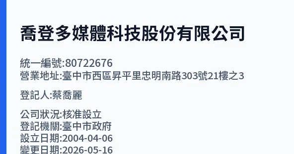 喬登多媒體科技股份有限公司的照片-統編 80722676(臺中市) 公司登記資料與營業項目詳細圖表
