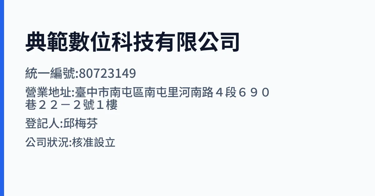 典範數位科技有限公司 - 統編 80723149(臺中市) 公司登記資料與營業項目詳細圖表
