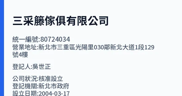 三采籐傢俱有限公司的照片-統編 80724034(新北市) 公司登記資料與營業項目詳細圖表