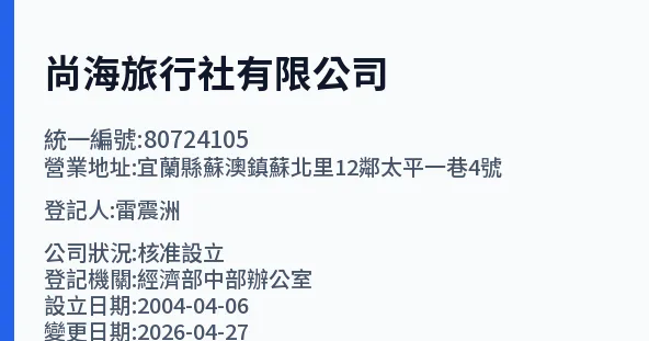 尚海旅行社有限公司的照片-統編 80724105(宜蘭縣) 公司登記資料與營業項目詳細圖表