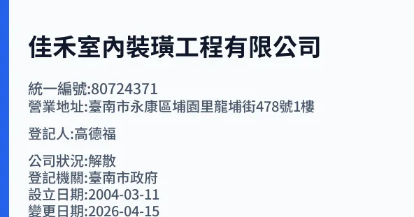 佳禾室內裝璜工程有限公司的照片-統編 80724371(臺南市) 公司登記資料與營業項目詳細圖表